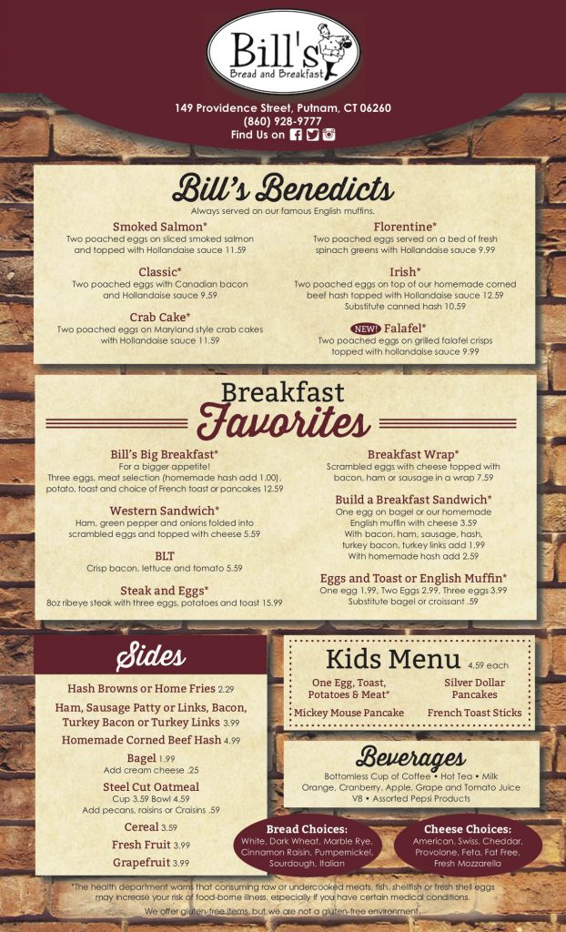 Breakfast Menu | Bill's Bread & Breakfast